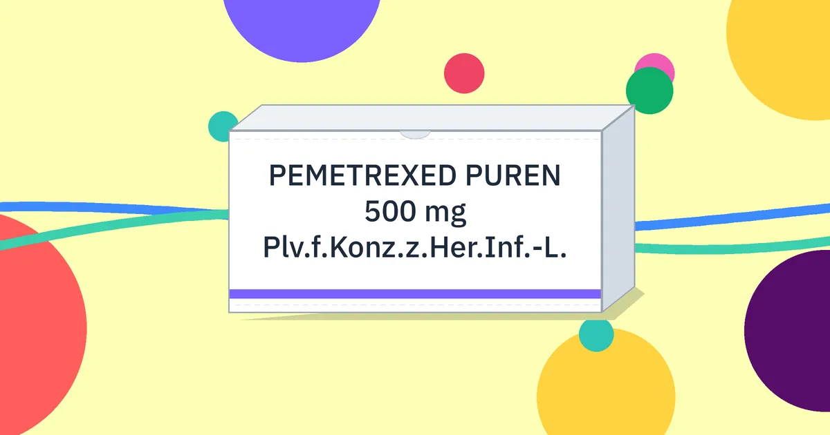 Symbolbild: Packung mit der Aufschrift PEMETREXED PUREN 500 mg Plv.f.Konz.z.Her.Inf.-L. (PZN 19132827) – Verfügbarkeit und Bezug in Apotheken in Frankfurt am Main