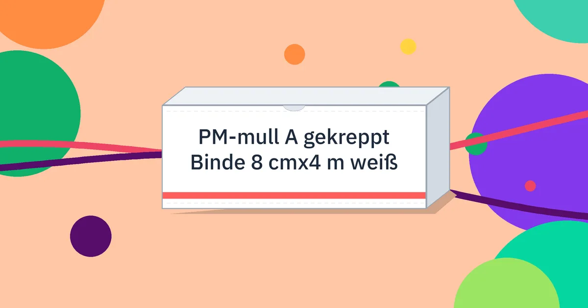 Symbolbild: Packung mit der Aufschrift PM-mull A gekreppt Binde 8 cmx4 m weiß (PZN 18845732) – Verfügbarkeit und Bezug in Apotheken in Frankfurt am Main