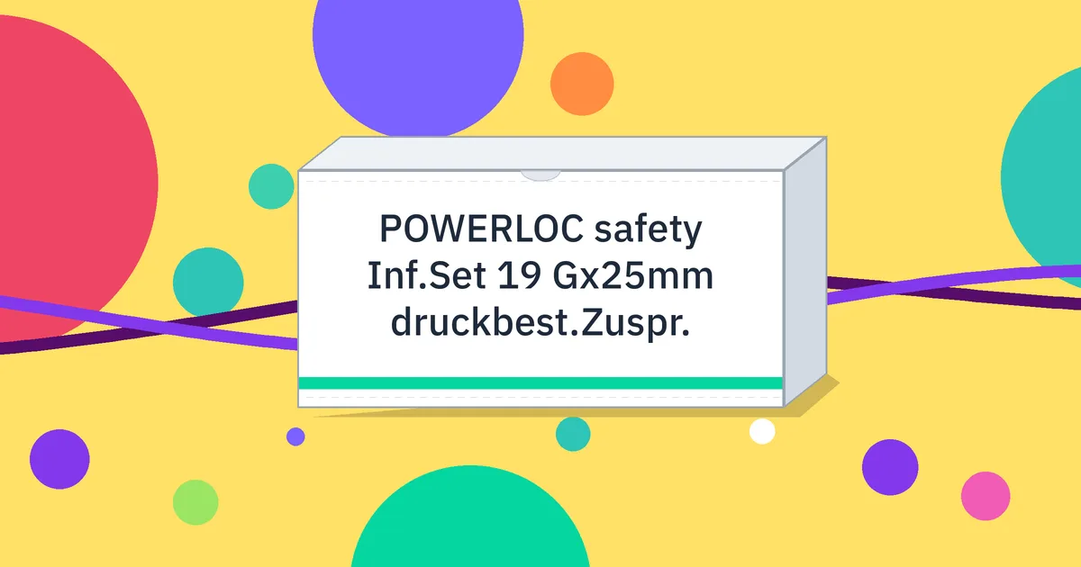 Symbolbild: Packung mit der Aufschrift POWERLOC safety Inf.Set 19 Gx25mm druckbest.Zuspr. (PZN 18816819) – Verfügbarkeit und Bezug in Apotheken in Frankfurt am Main