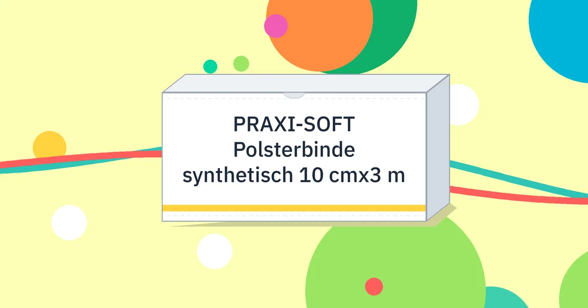 Symbolbild: Packung mit der Aufschrift PRAXI-SOFT Polsterbinde synthetisch 10 cmx3 m (PZN 20777736) – Verfügbarkeit und Bezug in Apotheken in Frankfurt am Main