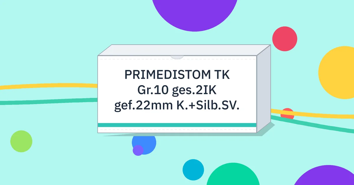 Symbolbild: Packung mit der Aufschrift PRIMEDISTOM TK Gr.10 ges.2IK gef.22mm K.+Silb.SV. (PZN 10980353) – Verfügbarkeit und Bezug in Apotheken in Frankfurt am Main