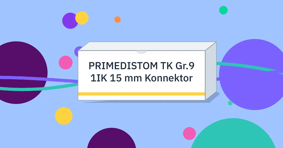 Symbolbild: Packung mit der Aufschrift PRIMEDISTOM TK Gr.9 1IK 15 mm Konnektor (PZN 10316721) – Verfügbarkeit und Bezug in Apotheken in Frankfurt am Main