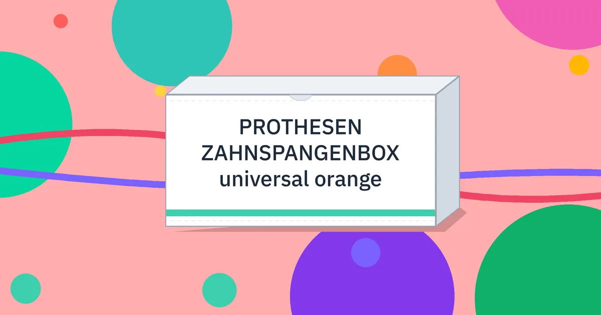 Symbolbild: Packung mit der Aufschrift PROTHESEN ZAHNSPANGENBOX universal orange (PZN 12452629) – Verfügbarkeit und Bezug in Apotheken in Frankfurt am Main