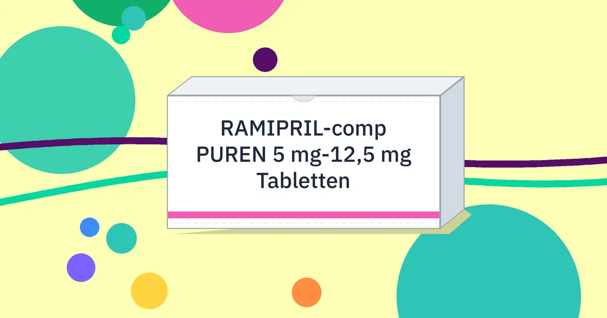 Symbolbild: Packung mit der Aufschrift RAMIPRIL-comp PUREN 5 mg-12,5 mg Tabletten (PZN 11357946) – Verfügbarkeit und Bezug in Apotheken in Frankfurt am Main