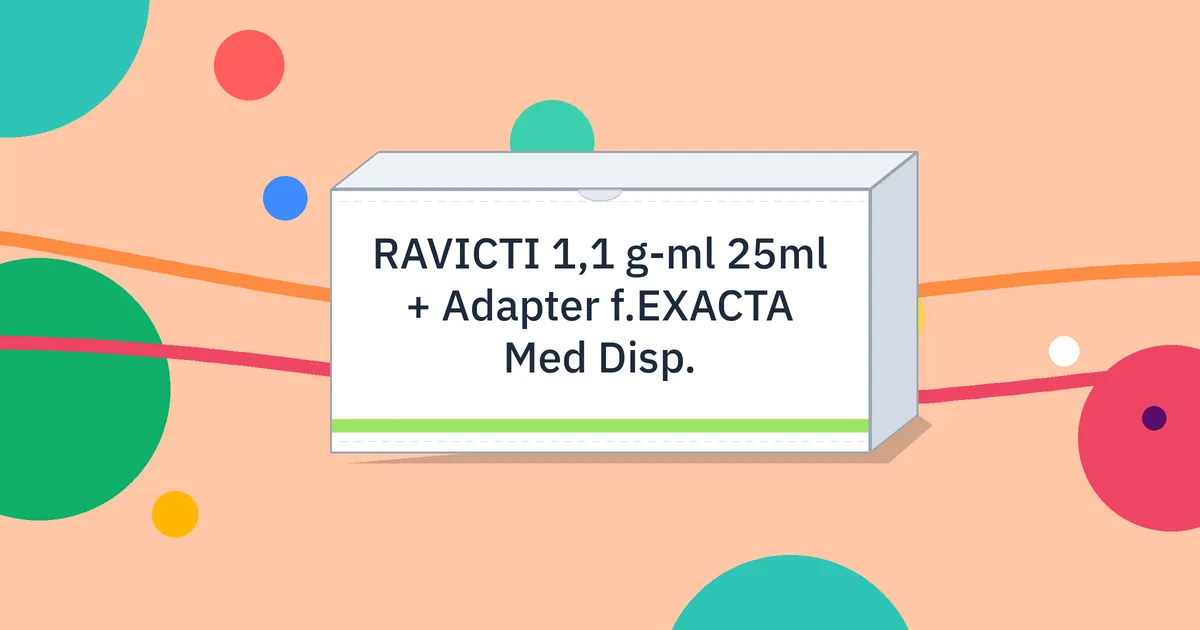 Symbolbild: Packung mit der Aufschrift RAVICTI 1,1 g-ml 25ml + Adapter f.EXACTA Med Disp. (PZN 11583832) – Verfügbarkeit und Bezug in Apotheken in Frankfurt am Main