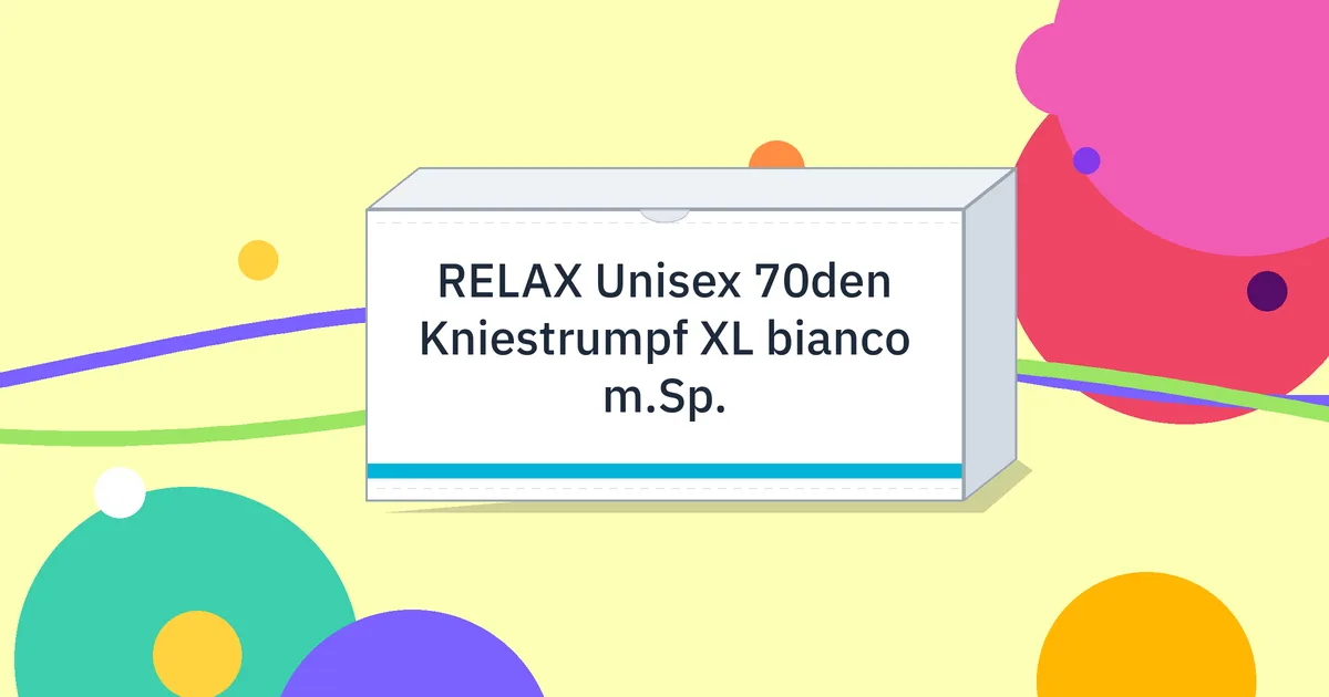 Symbolbild: Packung mit der Aufschrift RELAX Unisex 70den Kniestrumpf XL bianco m.Sp. (PZN 01379846) – Verfügbarkeit und Bezug in Apotheken in Frankfurt am Main