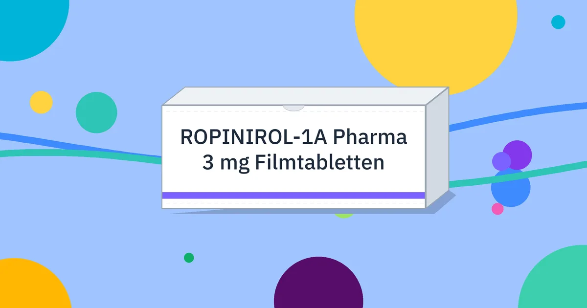 Symbolbild: Packung mit der Aufschrift ROPINIROL-1A Pharma 3 mg Filmtabletten (PZN 09062385) – Verfügbarkeit und Bezug in Apotheken in Frankfurt am Main