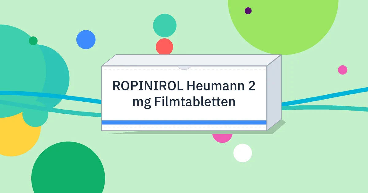 Symbolbild: Packung mit der Aufschrift ROPINIROL Heumann 2 mg Filmtabletten (PZN 07265285) – Verfügbarkeit und Bezug in Apotheken in Frankfurt am Main
