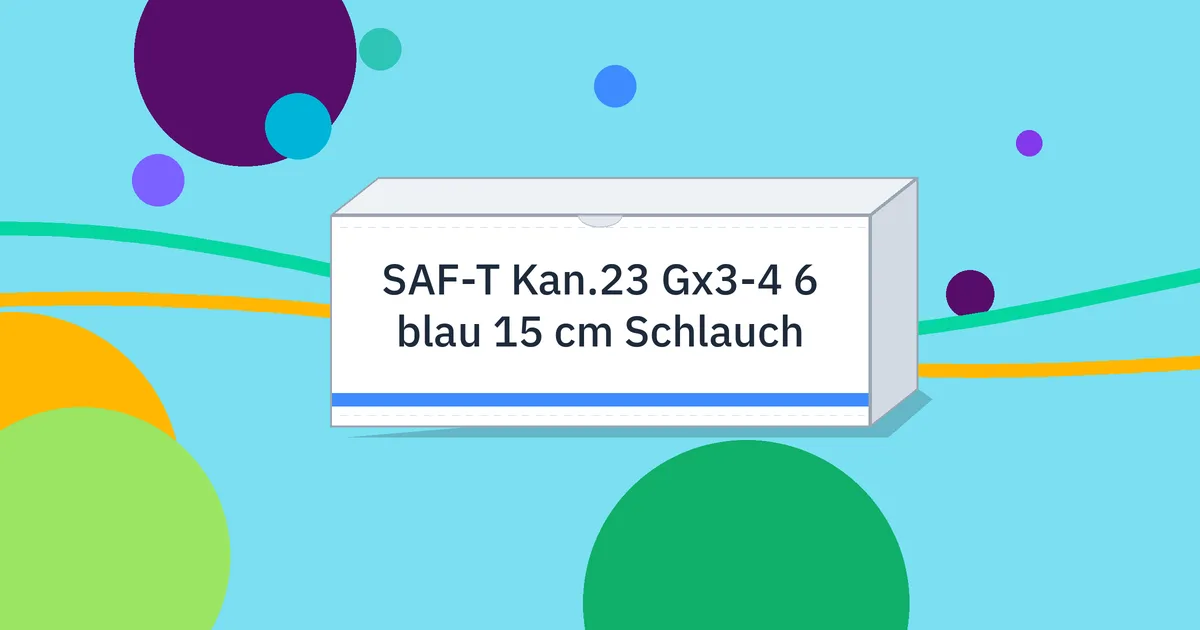 Symbolbild: Packung mit der Aufschrift SAF-T Kan.23 Gx3-4 6 blau 15 cm Schlauch (PZN 00877890) – Verfügbarkeit und Bezug in Apotheken in Frankfurt am Main