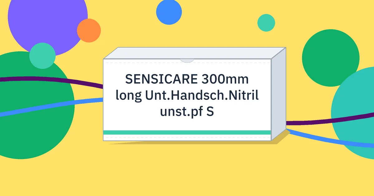 Symbolbild: Packung mit der Aufschrift SENSICARE 300mm long Unt.Handsch.Nitril unst.pf S (PZN 20205750) – Verfügbarkeit und Bezug in Apotheken in Frankfurt am Main