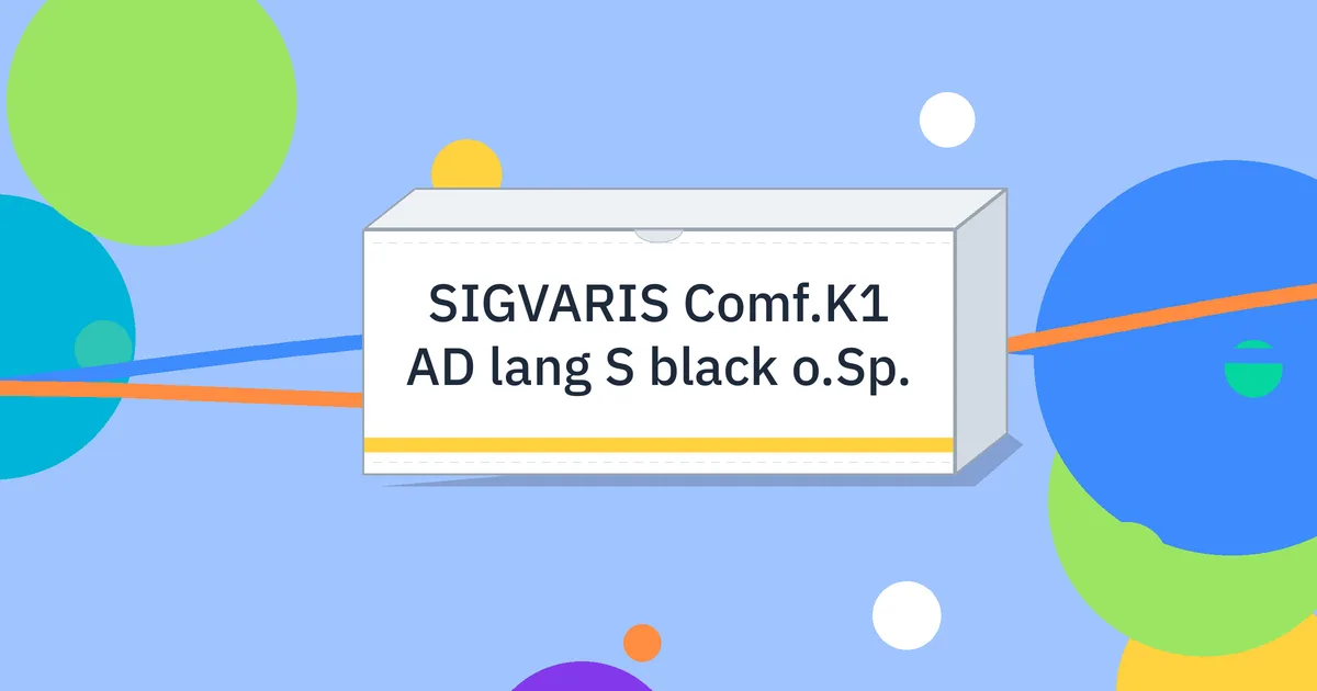 Symbolbild: Packung mit der Aufschrift SIGVARIS Comf.K1 AD lang S black o.Sp. (PZN 17041368) – Verfügbarkeit und Bezug in Apotheken in Frankfurt am Main