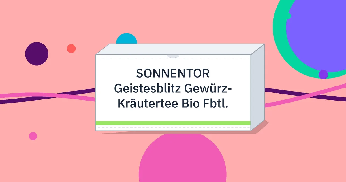 Symbolbild: Packung mit der Aufschrift SONNENTOR Geistesblitz Gewürz-Kräutertee Bio Fbtl. (PZN 18903211) – Verfügbarkeit und Bezug in Apotheken in Frankfurt am Main