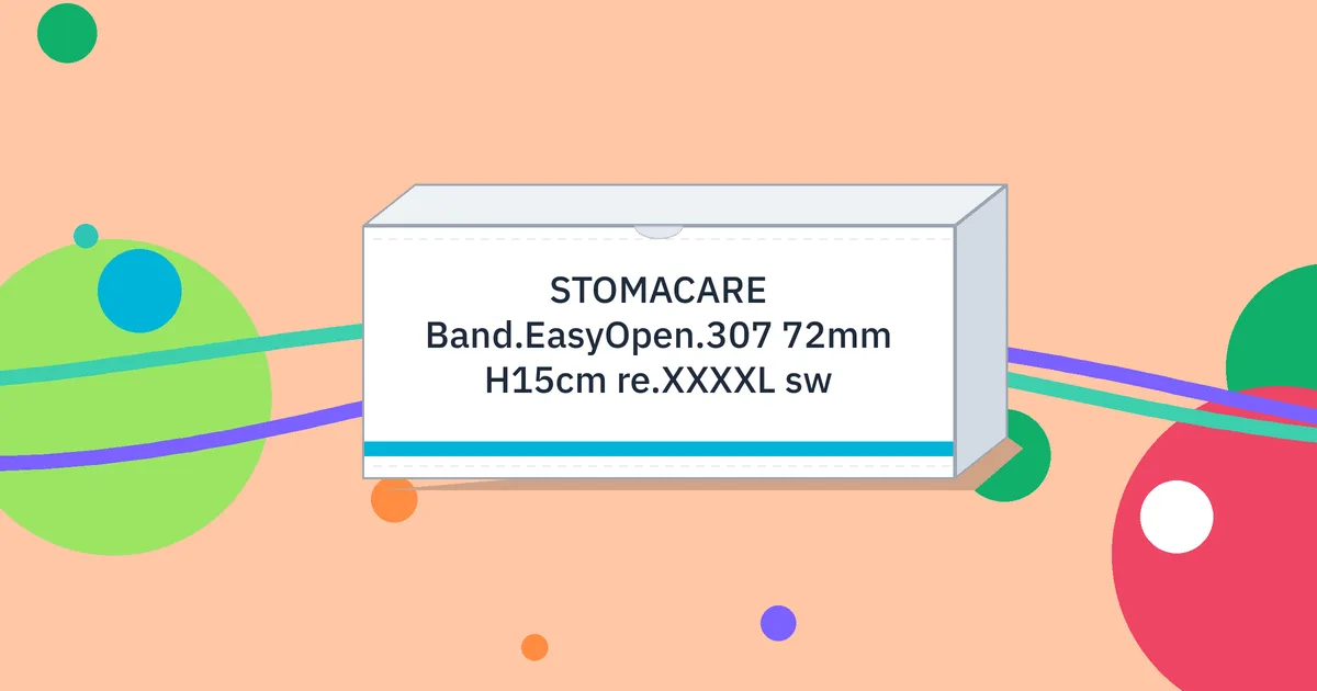 Symbolbild: Packung mit der Aufschrift STOMACARE Band.EasyOpen.307 72mm H15cm re.XXXXL sw (PZN 09437678) – Verfügbarkeit und Bezug in Apotheken in Frankfurt am Main