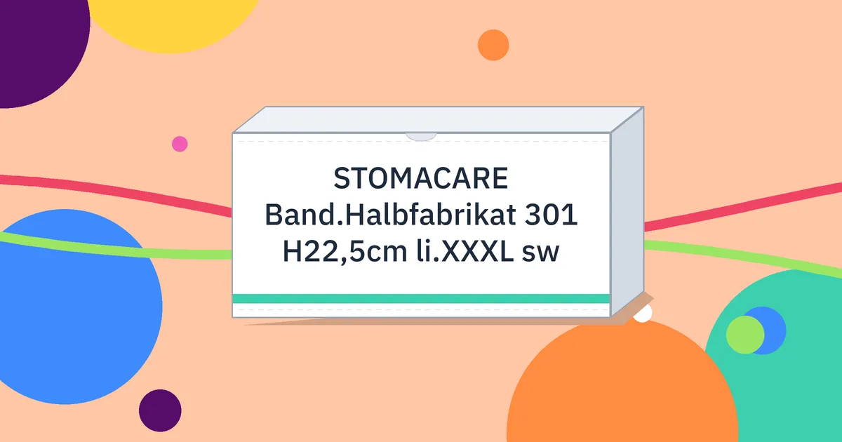 Symbolbild: Packung mit der Aufschrift STOMACARE Band.Halbfabrikat 301 H22,5cm li.XXXL sw (PZN 09436650) – Verfügbarkeit und Bezug in Apotheken in Frankfurt am Main