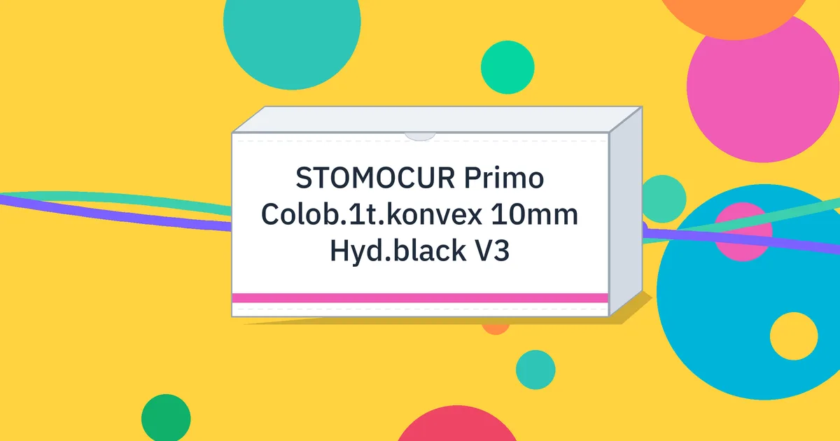 Symbolbild: Packung mit der Aufschrift STOMOCUR Primo Colob.1t.konvex 10mm Hyd.black V3 (PZN 19536683) – Verfügbarkeit und Bezug in Apotheken in Frankfurt am Main