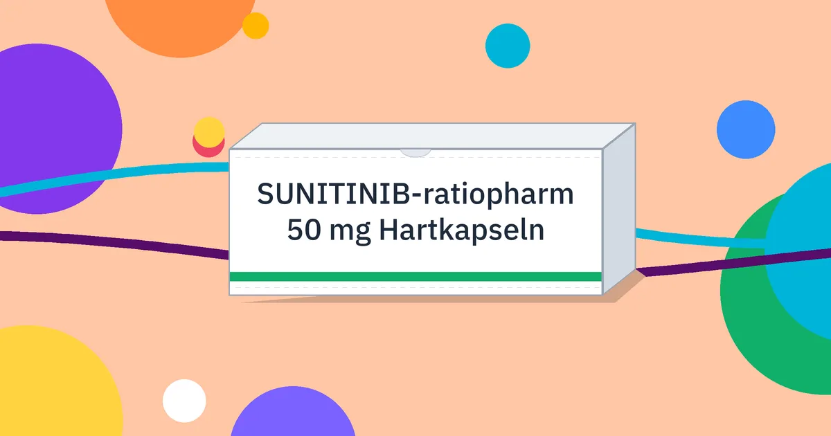 Symbolbild: Packung mit der Aufschrift SUNITINIB-ratiopharm 50 mg Hartkapseln (PZN 17438835) – Verfügbarkeit und Bezug in Apotheken in Frankfurt am Main
