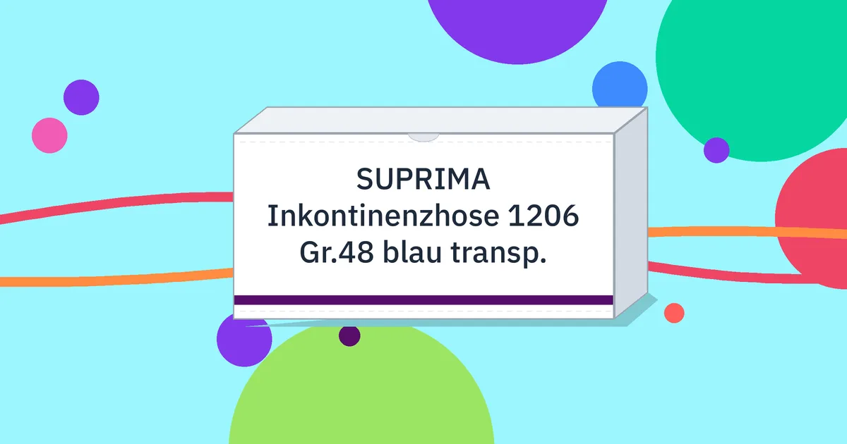 Symbolbild: Packung mit der Aufschrift SUPRIMA Inkontinenzhose 1206 Gr.48 blau transp. (PZN 01515226) – Verfügbarkeit und Bezug in Apotheken in Frankfurt am Main