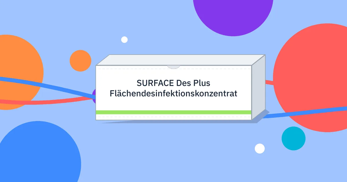 Symbolbild: Packung mit der Aufschrift SURFACE Des Plus Flächendesinfektionskonzentrat (PZN 09667912) – Verfügbarkeit und Bezug in Apotheken in Frankfurt am Main