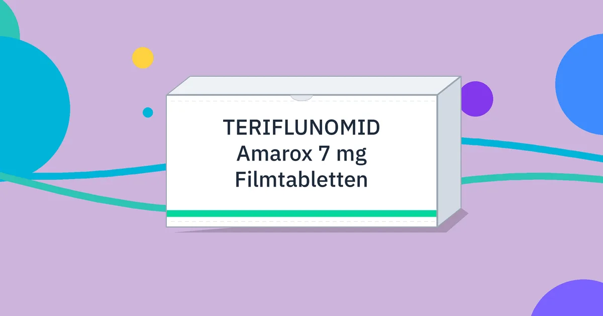 Symbolbild: Packung mit der Aufschrift TERIFLUNOMID Amarox 7 mg Filmtabletten (PZN 19170561) – Verfügbarkeit und Bezug in Apotheken in Frankfurt am Main