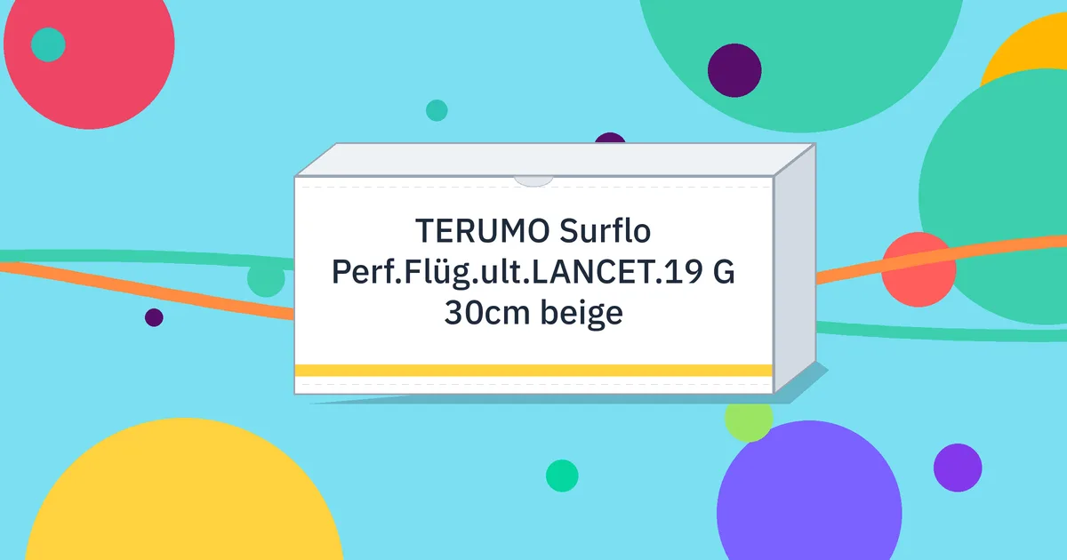 Symbolbild: Packung mit der Aufschrift TERUMO Surflo Perf.Flüg.ult.LANCET.19 G 30cm beige (PZN 18060741) – Verfügbarkeit und Bezug in Apotheken in Frankfurt am Main