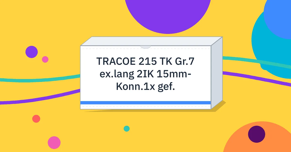 Symbolbild: Packung mit der Aufschrift TRACOE 215 TK Gr.7 ex.lang 2IK 15mm-Konn.1x gef. (PZN 11643617) – Verfügbarkeit und Bezug in Apotheken in Frankfurt am Main