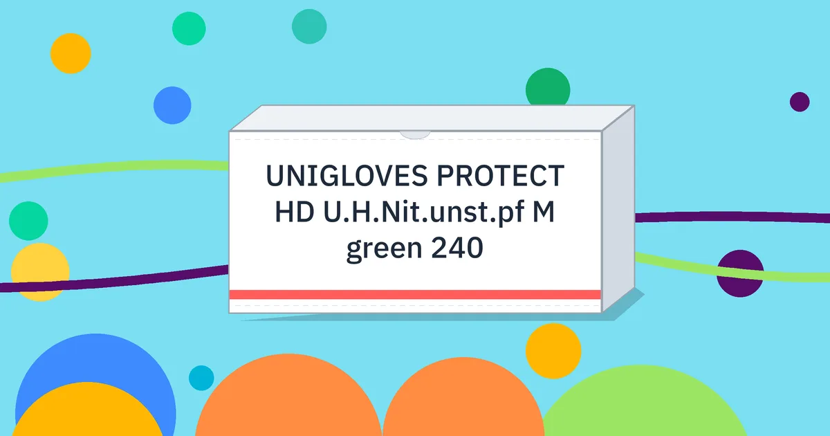 Symbolbild: Packung mit der Aufschrift UNIGLOVES PROTECT HD U.H.Nit.unst.pf M green 240 (PZN 20189063) – Verfügbarkeit und Bezug in Apotheken in Frankfurt am Main