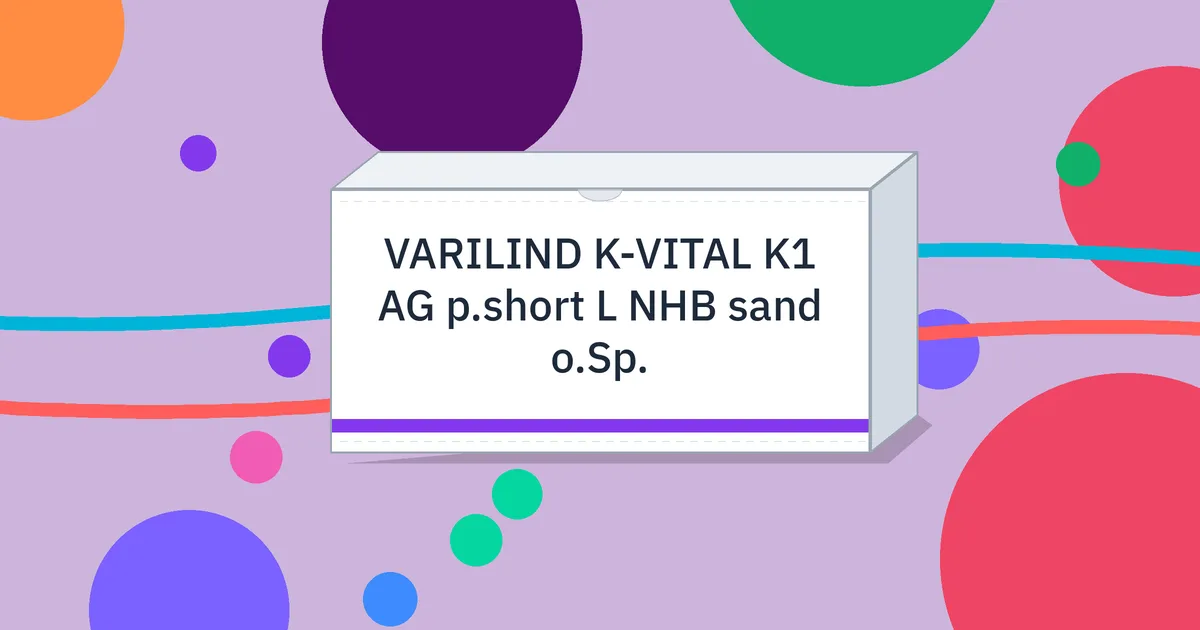 Symbolbild: Packung mit der Aufschrift VARILIND K-VITAL K1 AG p.short L NHB sand o.Sp. (PZN 20562958) – Verfügbarkeit und Bezug in Apotheken in Frankfurt am Main
