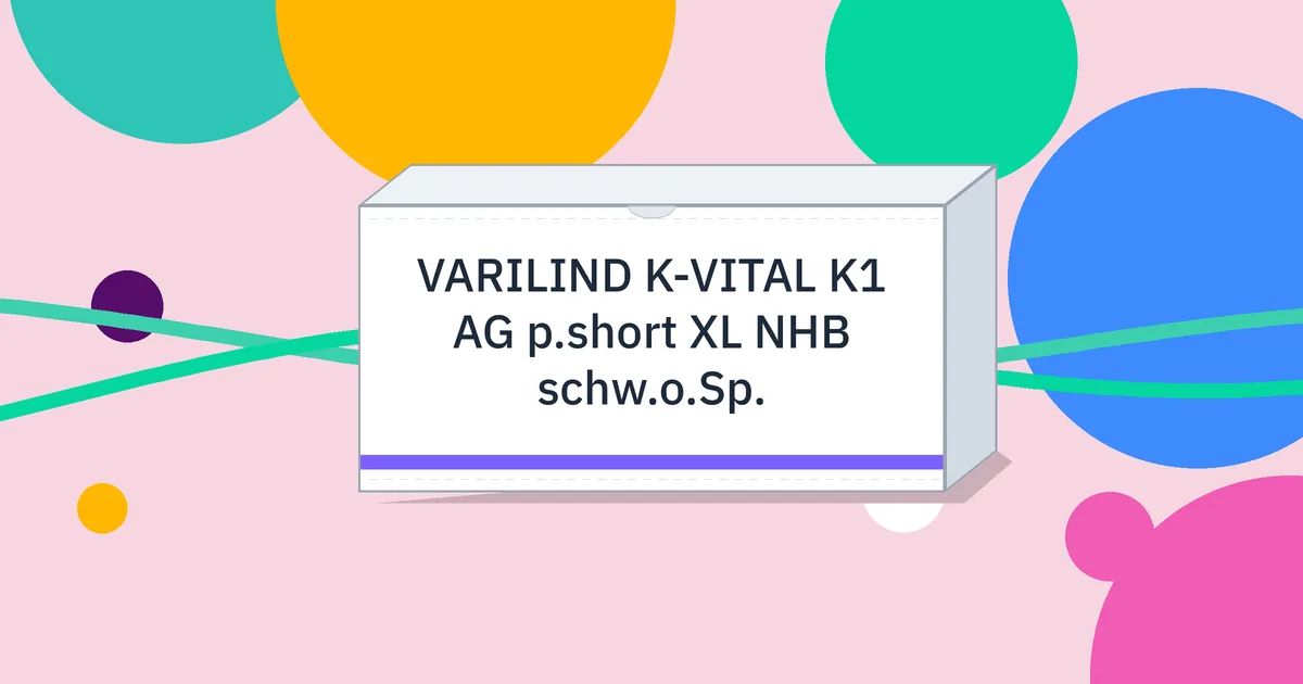 Symbolbild: Packung mit der Aufschrift VARILIND K-VITAL K1 AG p.short XL NHB schw.o.Sp. (PZN 20563751) – Verfügbarkeit und Bezug in Apotheken in Frankfurt am Main