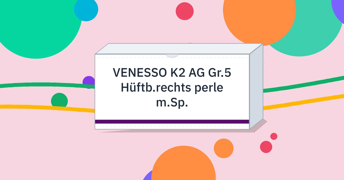 Symbolbild: Packung mit der Aufschrift VENESSO K2 AG Gr.5 Hüftb.rechts perle m.Sp. (PZN 03274577) – Verfügbarkeit und Bezug in Apotheken in Frankfurt am Main