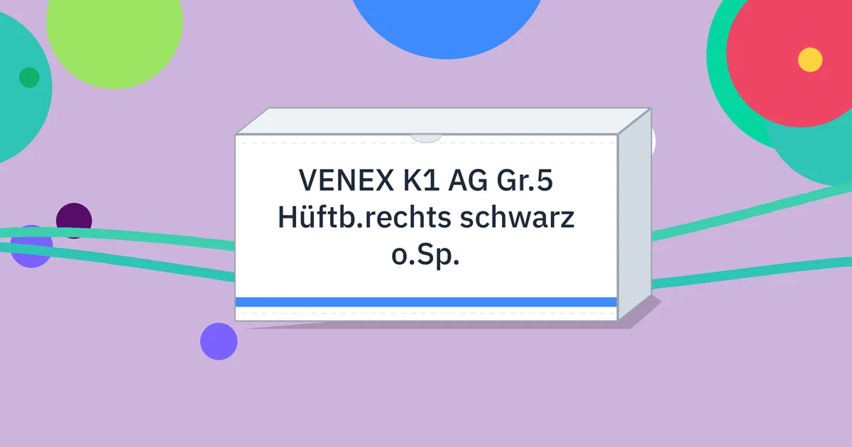 Symbolbild: Packung mit der Aufschrift VENEX K1 AG Gr.5 Hüftb.rechts schwarz o.Sp. (PZN 03208273) – Verfügbarkeit und Bezug in Apotheken in Frankfurt am Main