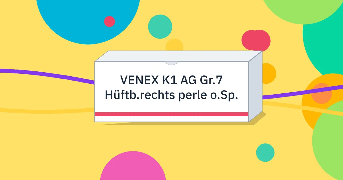 Symbolbild: Packung mit der Aufschrift VENEX K1 AG Gr.7 Hüftb.rechts perle o.Sp. (PZN 03207523) – Verfügbarkeit und Bezug in Apotheken in Frankfurt am Main