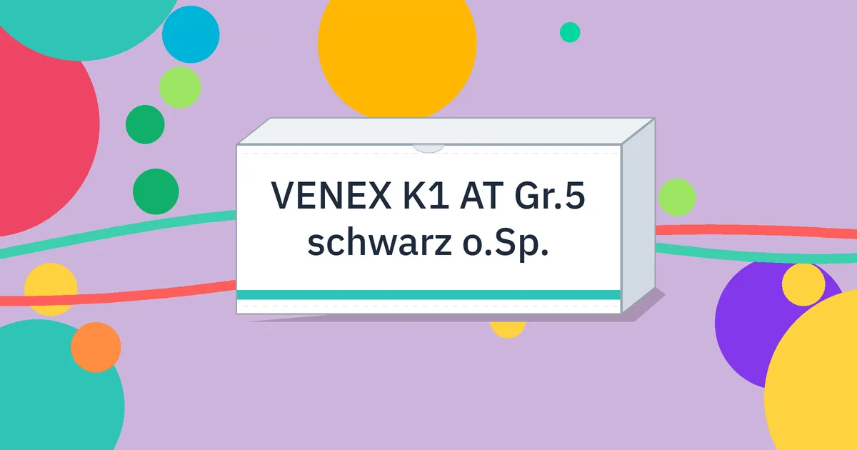 Symbolbild: Packung mit der Aufschrift VENEX K1 AT Gr.5 schwarz o.Sp. (PZN 03198592) – Verfügbarkeit und Bezug in Apotheken in Frankfurt am Main