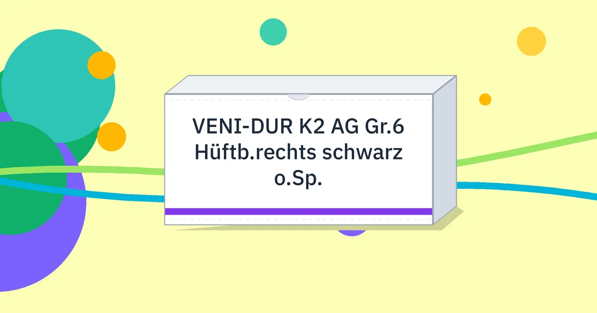 Symbolbild: Packung mit der Aufschrift VENI-DUR K2 AG Gr.6 Hüftb.rechts schwarz o.Sp. (PZN 03254511) – Verfügbarkeit und Bezug in Apotheken in Frankfurt am Main