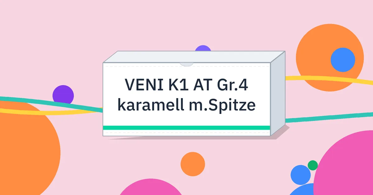 Symbolbild: Packung mit der Aufschrift VENI K1 AT Gr.4 karamell m.Spitze (PZN 13756805) – Verfügbarkeit und Bezug in Apotheken in Frankfurt am Main