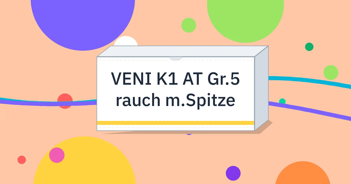 Symbolbild: Packung mit der Aufschrift VENI K1 AT Gr.5 rauch m.Spitze (PZN 08679899) – Verfügbarkeit und Bezug in Apotheken in Frankfurt am Main
