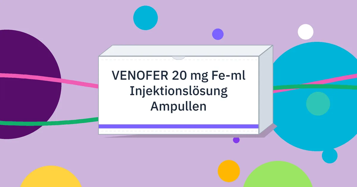 Symbolbild: Packung mit der Aufschrift VENOFER 20 mg Fe-ml Injektionslösung Ampullen (PZN 18413228) – Verfügbarkeit und Bezug in Apotheken in Frankfurt am Main