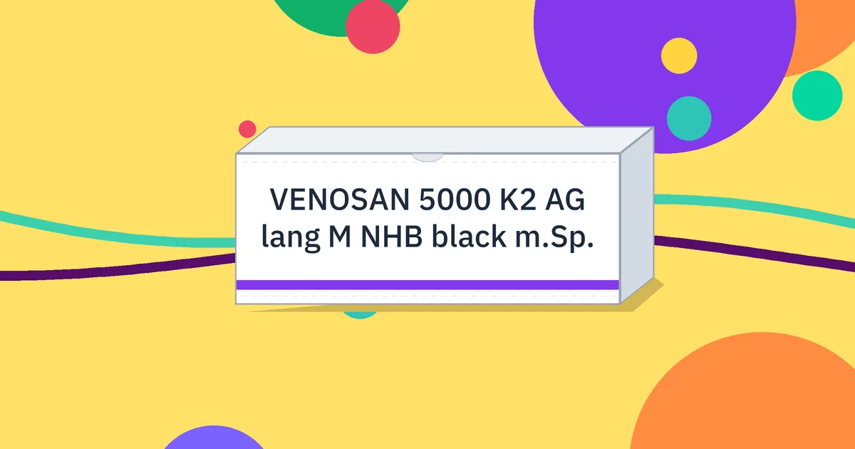 Symbolbild: Packung mit der Aufschrift VENOSAN 5000 K2 AG lang M NHB black m.Sp. (PZN 14433659) – Verfügbarkeit und Bezug in Apotheken in Frankfurt am Main