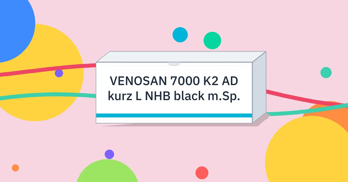 Symbolbild: Packung mit der Aufschrift VENOSAN 7000 K2 AD kurz L NHB black m.Sp. (PZN 14435871) – Verfügbarkeit und Bezug in Apotheken in Frankfurt am Main
