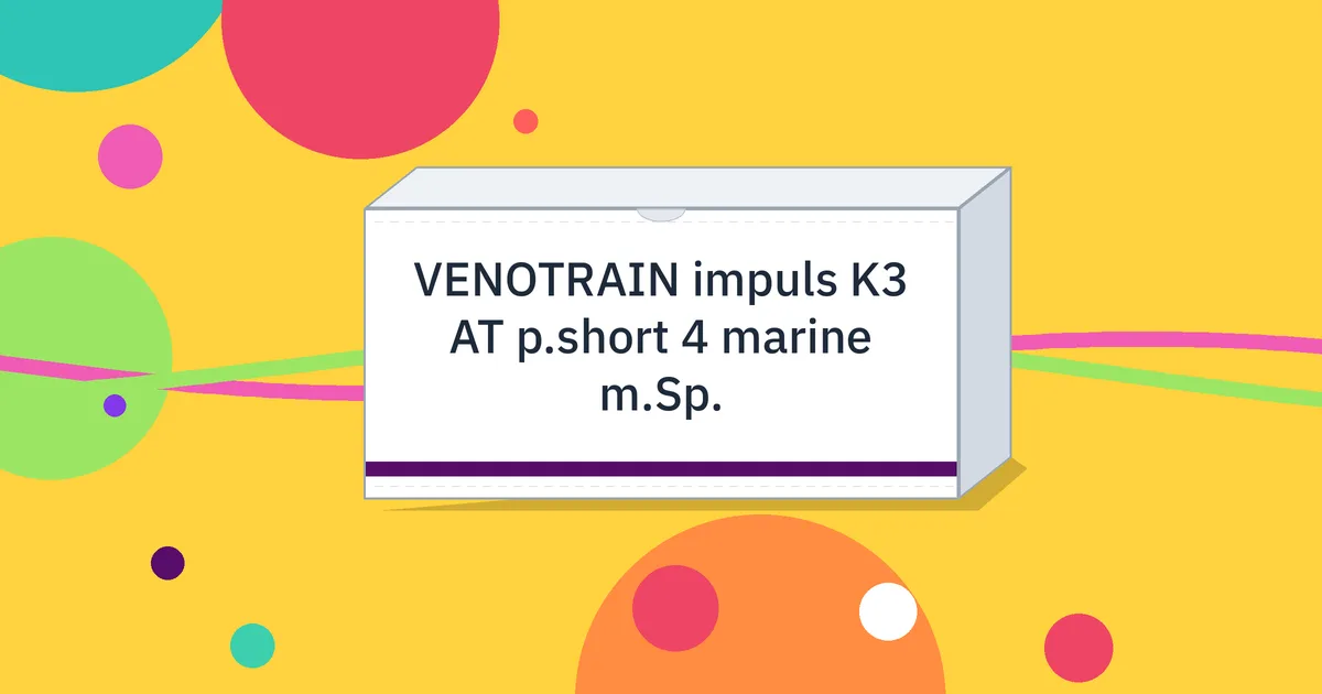 Symbolbild: Packung mit der Aufschrift VENOTRAIN impuls K3 AT p.short 4 marine m.Sp. (PZN 19355697) – Verfügbarkeit und Bezug in Apotheken in Frankfurt am Main