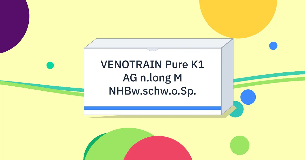 Symbolbild: Packung mit der Aufschrift VENOTRAIN Pure K1 AG n.long M NHBw.schw.o.Sp. (PZN 18146164) – Verfügbarkeit und Bezug in Apotheken in Frankfurt am Main