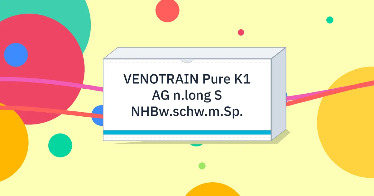 Symbolbild: Packung mit der Aufschrift VENOTRAIN Pure K1 AG n.long S NHBw.schw.m.Sp. (PZN 18150651) – Verfügbarkeit und Bezug in Apotheken in Frankfurt am Main