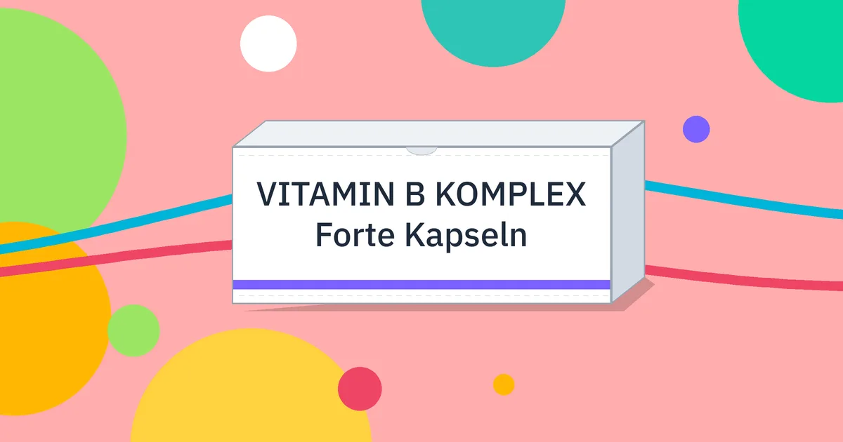 Symbolbild: Packung mit der Aufschrift VITAMIN B KOMPLEX Forte Kapseln (PZN 18427503) – Verfügbarkeit und Bezug in Apotheken in Frankfurt am Main