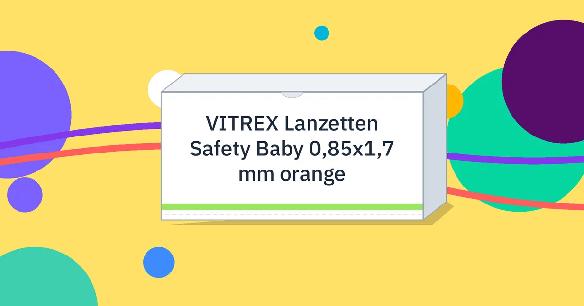 Symbolbild: Packung mit der Aufschrift VITREX Lanzetten Safety Baby 0,85x1,7 mm orange (PZN 10781659) – Verfügbarkeit und Bezug in Apotheken in Frankfurt am Main