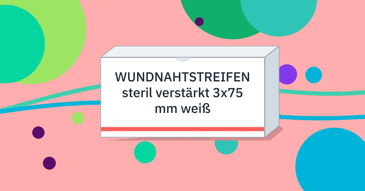 Symbolbild: Packung mit der Aufschrift WUNDNAHTSTREIFEN steril verstärkt 3x75 mm weiß (PZN 20100979) – Verfügbarkeit und Bezug in Apotheken in Frankfurt am Main