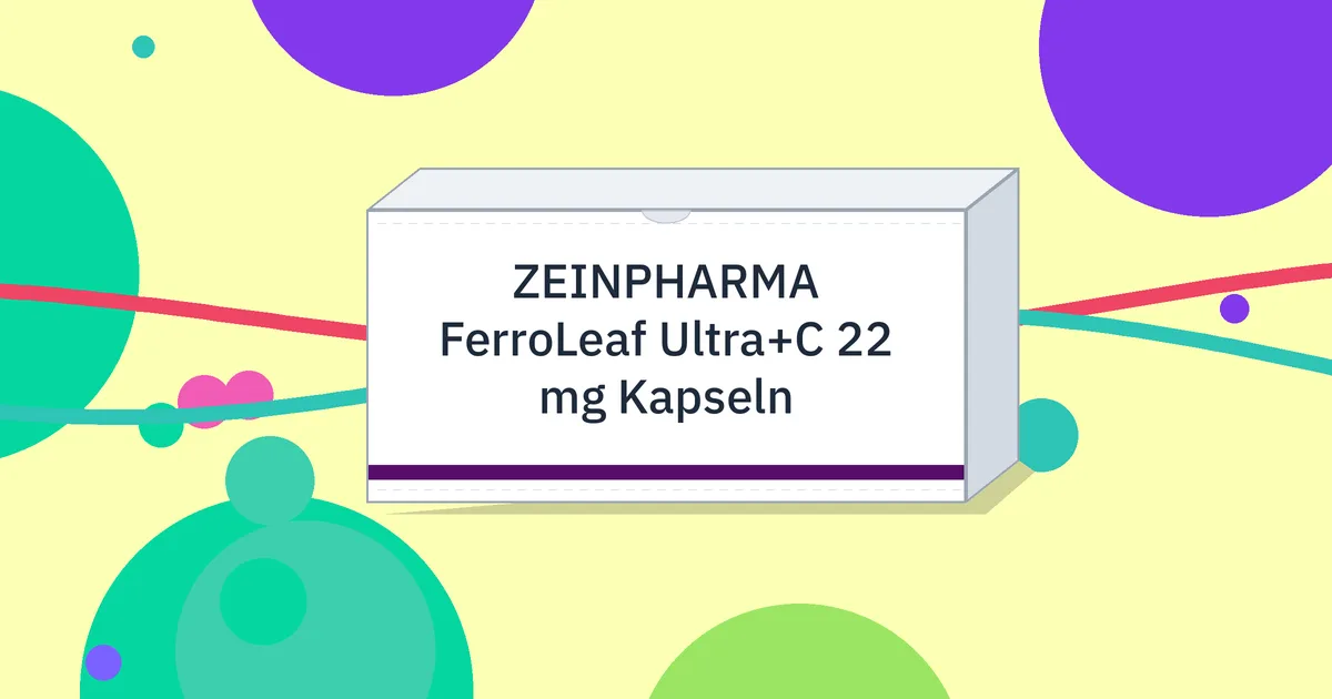 Symbolbild: Packung mit der Aufschrift ZEINPHARMA FerroLeaf Ultra+C 22 mg Kapseln (PZN 11161373) – Verfügbarkeit und Bezug in Apotheken in Frankfurt am Main