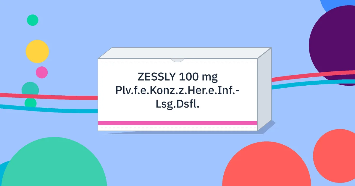 Symbolbild: Packung mit der Aufschrift ZESSLY 100 mg Plv.f.e.Konz.z.Her.e.Inf.-Lsg.Dsfl. (PZN 14184653) – Verfügbarkeit und Bezug in Apotheken in Frankfurt am Main