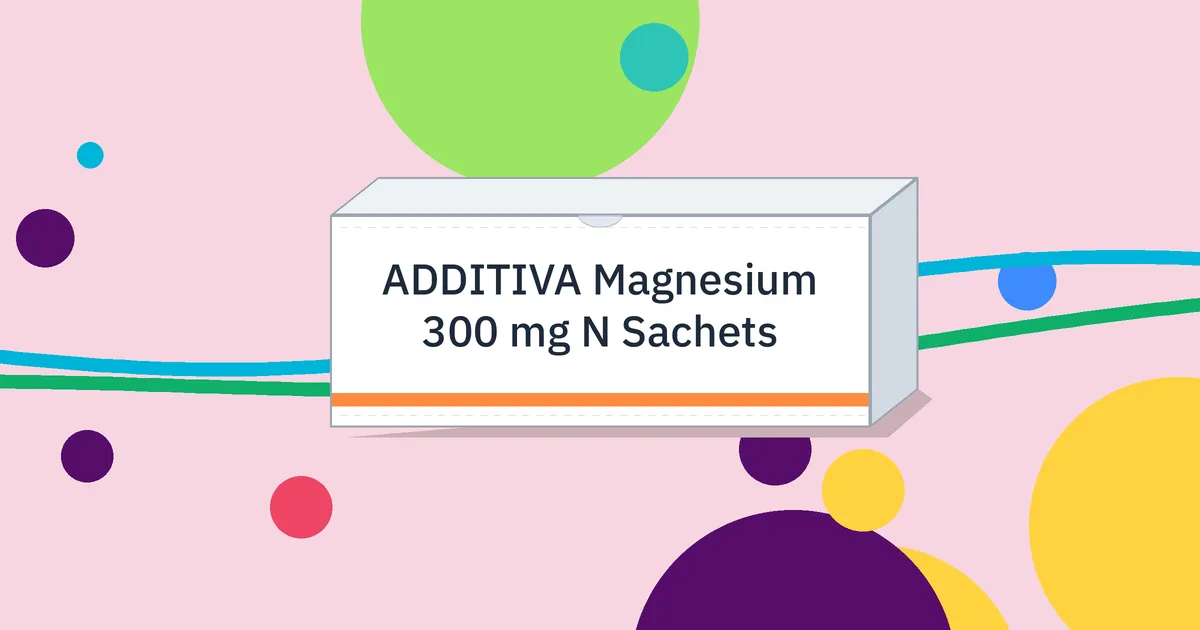 Symbolbild: Packung mit der Aufschrift ADDITIVA Magnesium 300 mg N Sachets (PZN 10933655) – Verfügbarkeit und Bezug in Apotheken in Frankfurt am Main