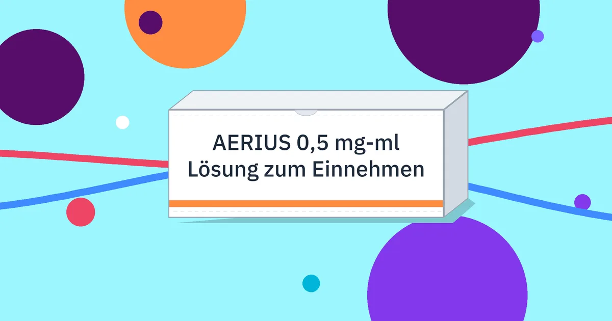 Symbolbild: Packung mit der Aufschrift AERIUS 0,5 mg-ml Lösung zum Einnehmen (PZN 02951053) – Verfügbarkeit und Bezug in Apotheken in Frankfurt am Main