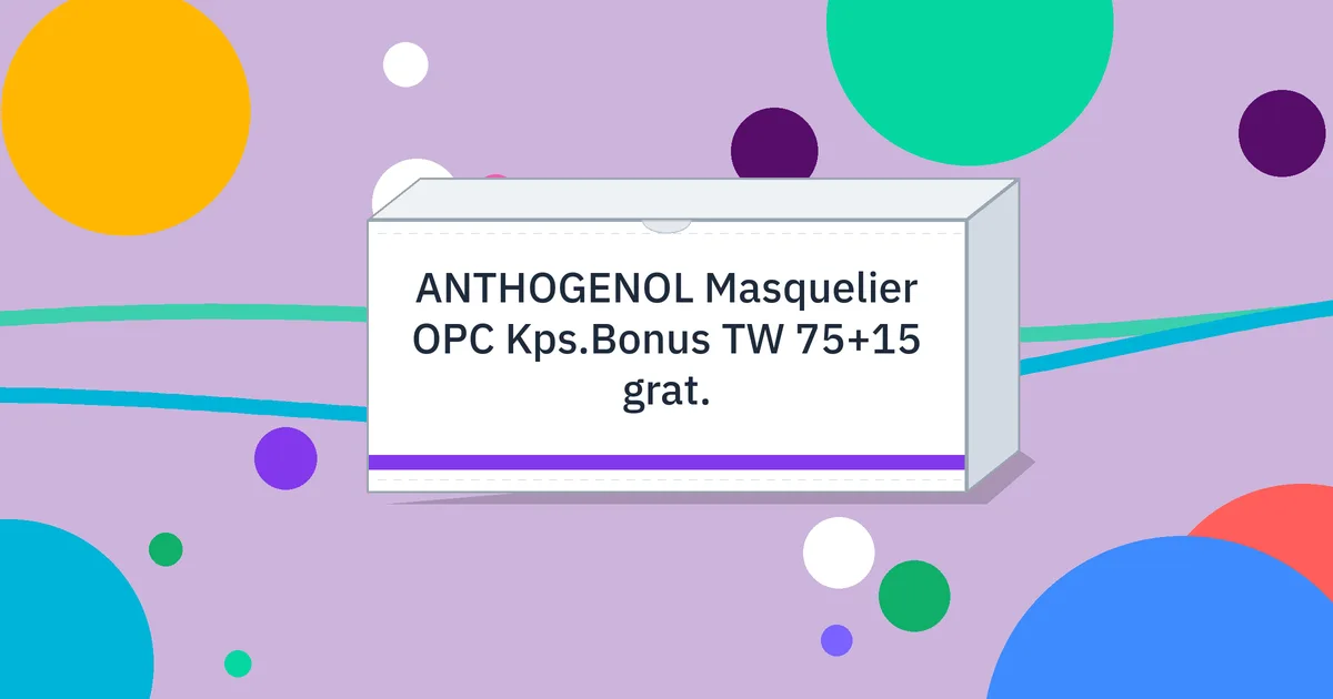 Symbolbild: Packung mit der Aufschrift ANTHOGENOL Masquelier OPC Kps.Bonus TW 75+15 grat. (PZN 11666239) – Verfügbarkeit und Bezug in Apotheken in Frankfurt am Main