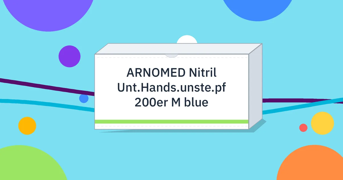 Symbolbild: Packung mit der Aufschrift ARNOMED Nitril Unt.Hands.unste.pf 200er M blue (PZN 18253411) – Verfügbarkeit und Bezug in Apotheken in Frankfurt am Main